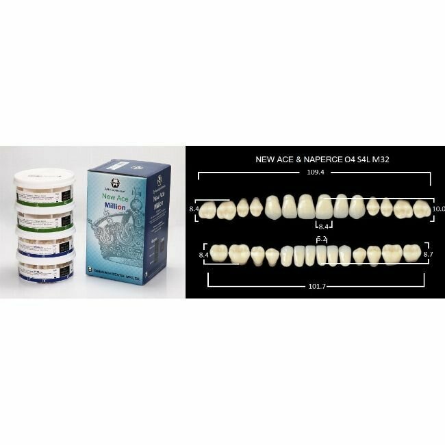 Зубы акриловые, вариант исполнения: New Асе -двухслойные, фронтальные, ф. O4/S4L. Million -однослойные, жевательные, фас. M32 (верх/низ). Цвет A3.5; 20 гарнитуров в боксах.