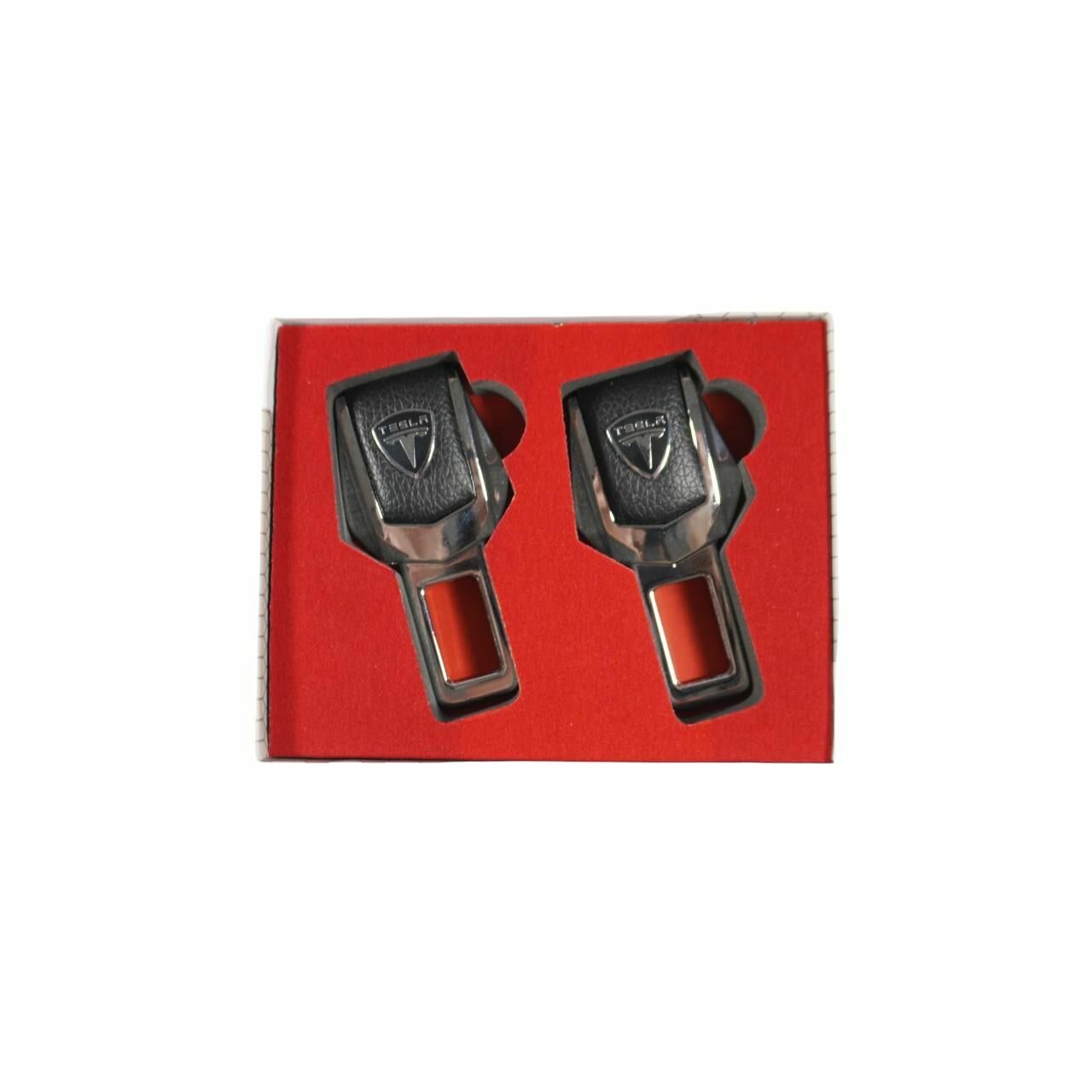 Заглушки ремня безопасности "TESLA" / "тесла" металл+кожа комплект 2 шт.