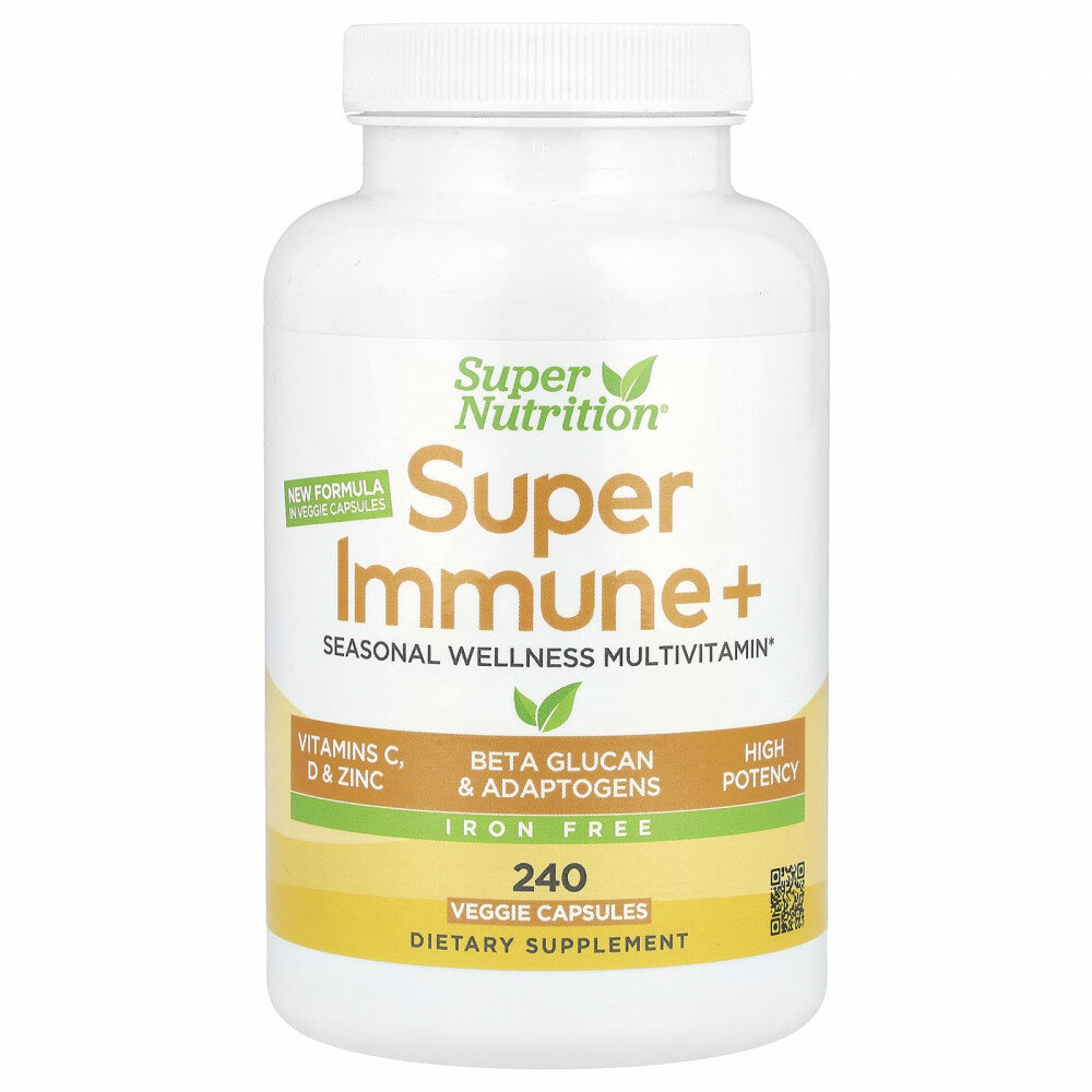Super Nutrition, Super Immune+, мультивитамины с витаминами C, D и бета-глюканом, без железа, 240 растительных капсул