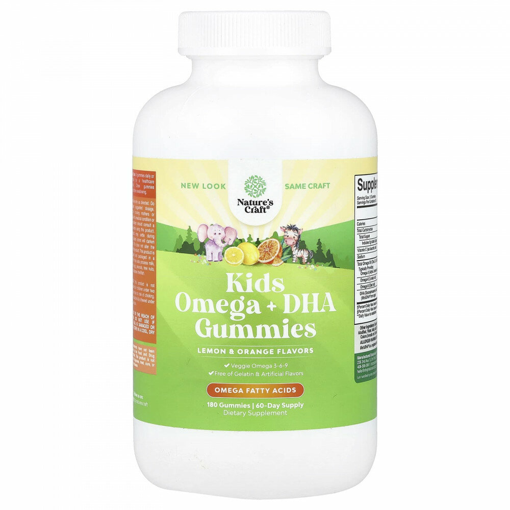 Nature's Craft, Жевательные таблетки с омега и ДГК для детей, лимон и апельсин, 180 жевательных таблеток