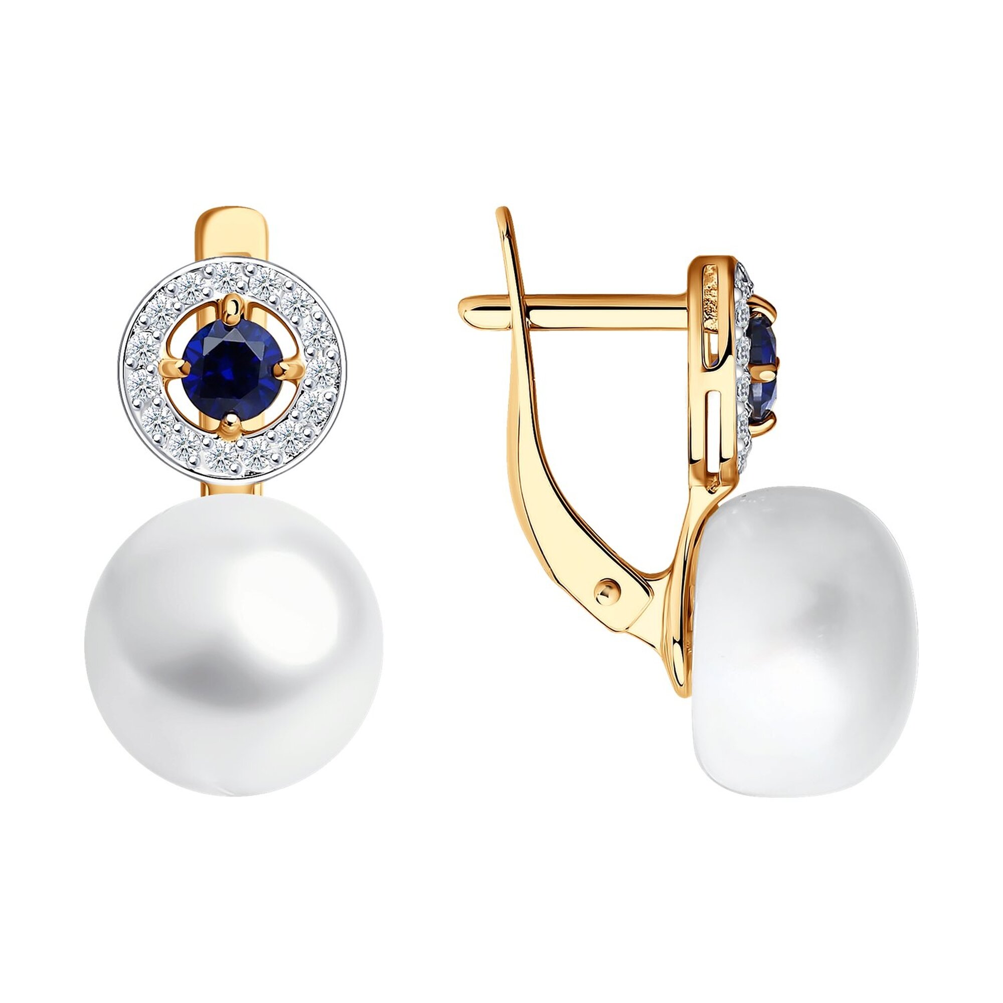 Серьги, красное золото, 585 проба, корунд, фианит, жемчуг