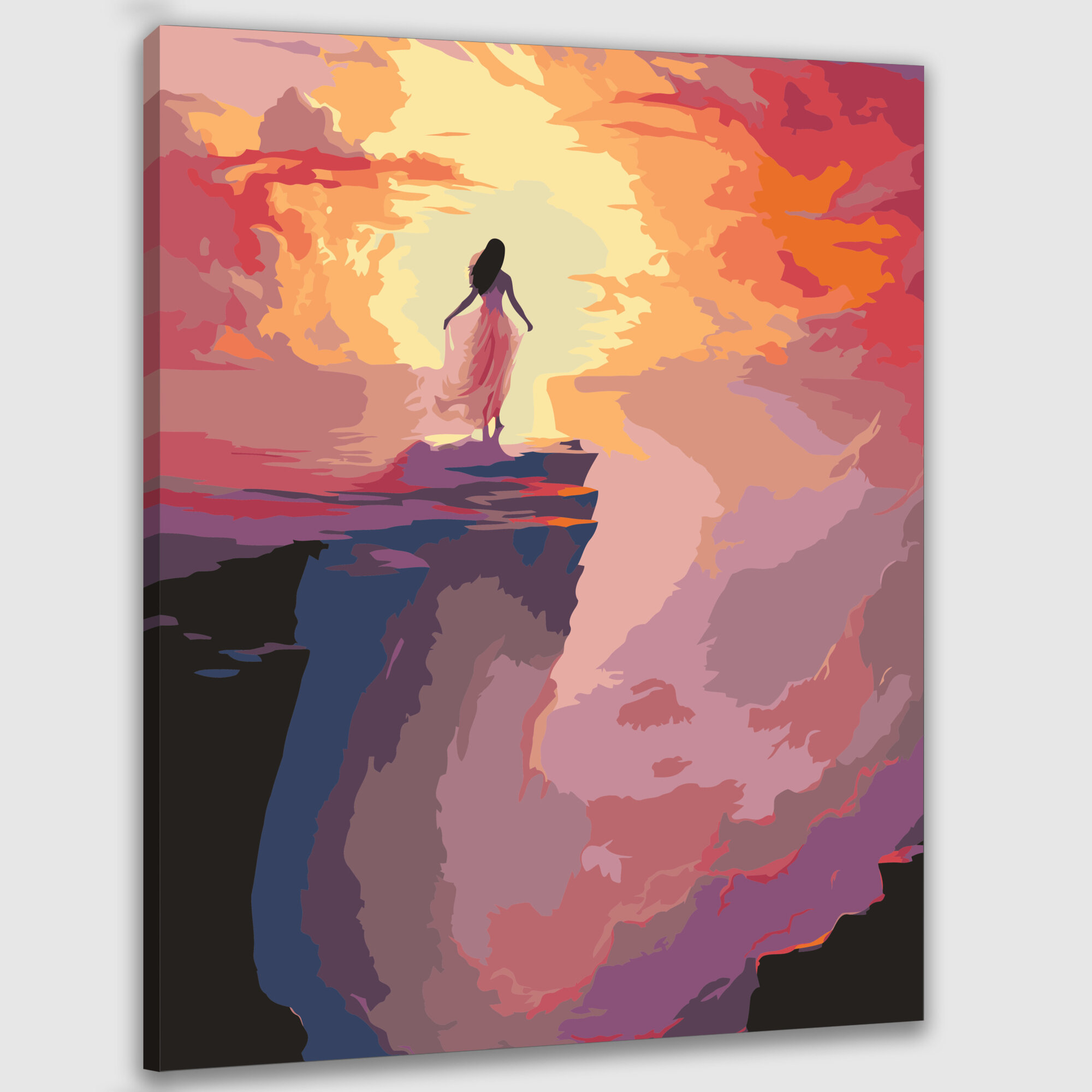 Картина по номерам 40x50 см, фотография, силуэт, ангельская фигура, утес, закат, оранжевый, розовый, фиолетовый, краски