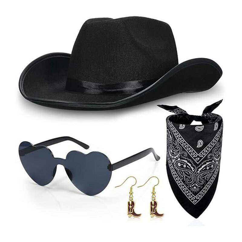 Black makeup prop set with denim hat and heart glasses for halloween and new year events