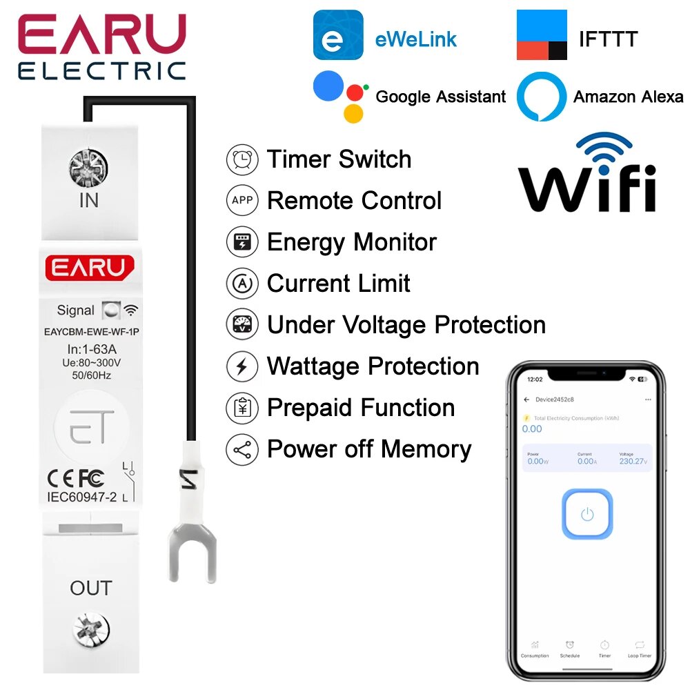 Умный выключатель EARU EAYCBM-EWE-WF-1P 63A с измерением энергии