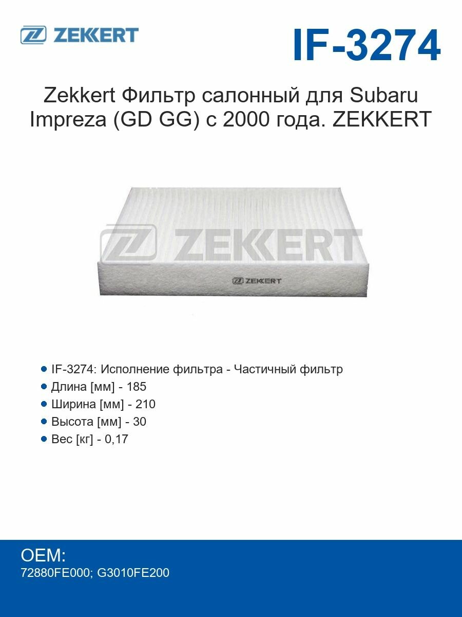 Zekkert Фильтр салонный для Subaru Impreza (GD GG) с 2000 года. ZEKKERT