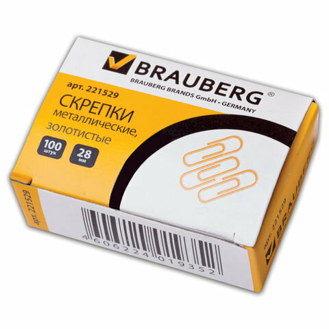 Скрепки Brauberg 28 мм золотые, 100 шт (221529)