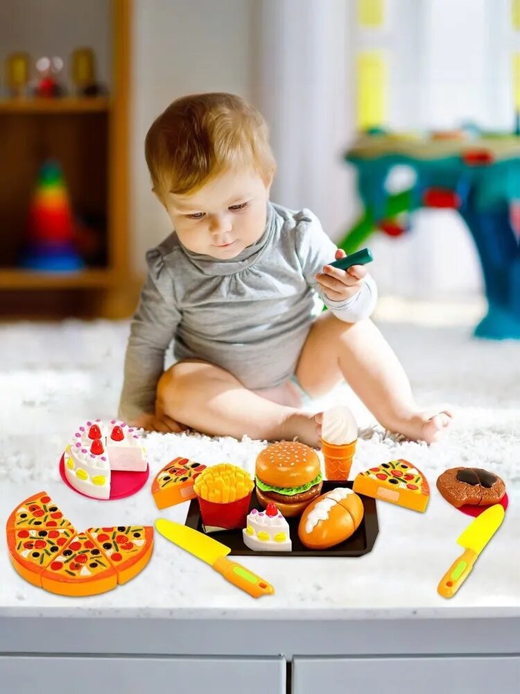 Игровой набор фастфуд, для ролевых игр, Съемная обучающая игрушка-имитация гамбургера картофеля фри Пицца и торт, 20шт, подарок девочкам и мальчикам 2, 3, 4, 5, 6 лет
