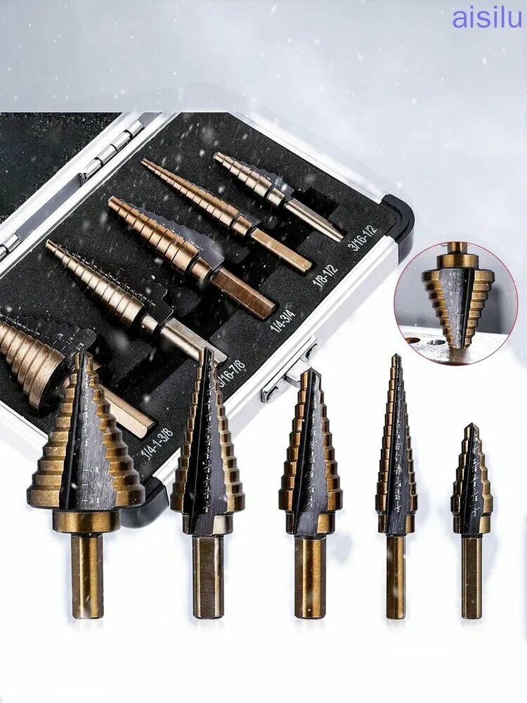 Набор ступенчатых сверл по металлу с титановым покрытием в кейсе 5шт (6-35, 5-22, 6-19, 5-13, 3-12мм)/сверло ступенчатое по металлу/трехгранный хвостовик