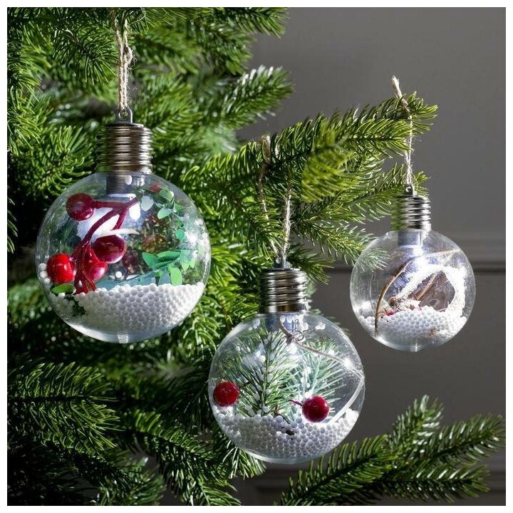 Набор ёлочных шаров "Зимний лес" от батареек, новогодний интерьерный декор, световая фигура, украшение на Новый год, игрушка на ёлку, 3 шт, 1 LED фонарик, свечение холодное белое