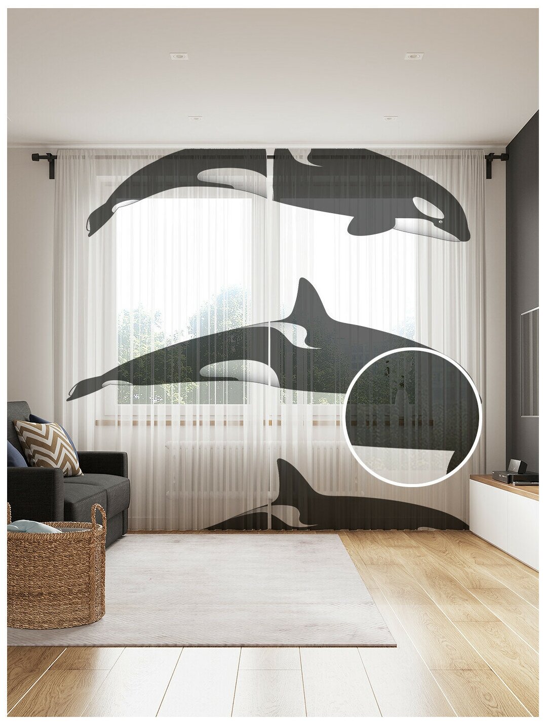 Тюль для кухни и спальни JoyArty "В окружении касаток", 2 полотна со шторной лентой шириной по 145 см, высота 265 см.