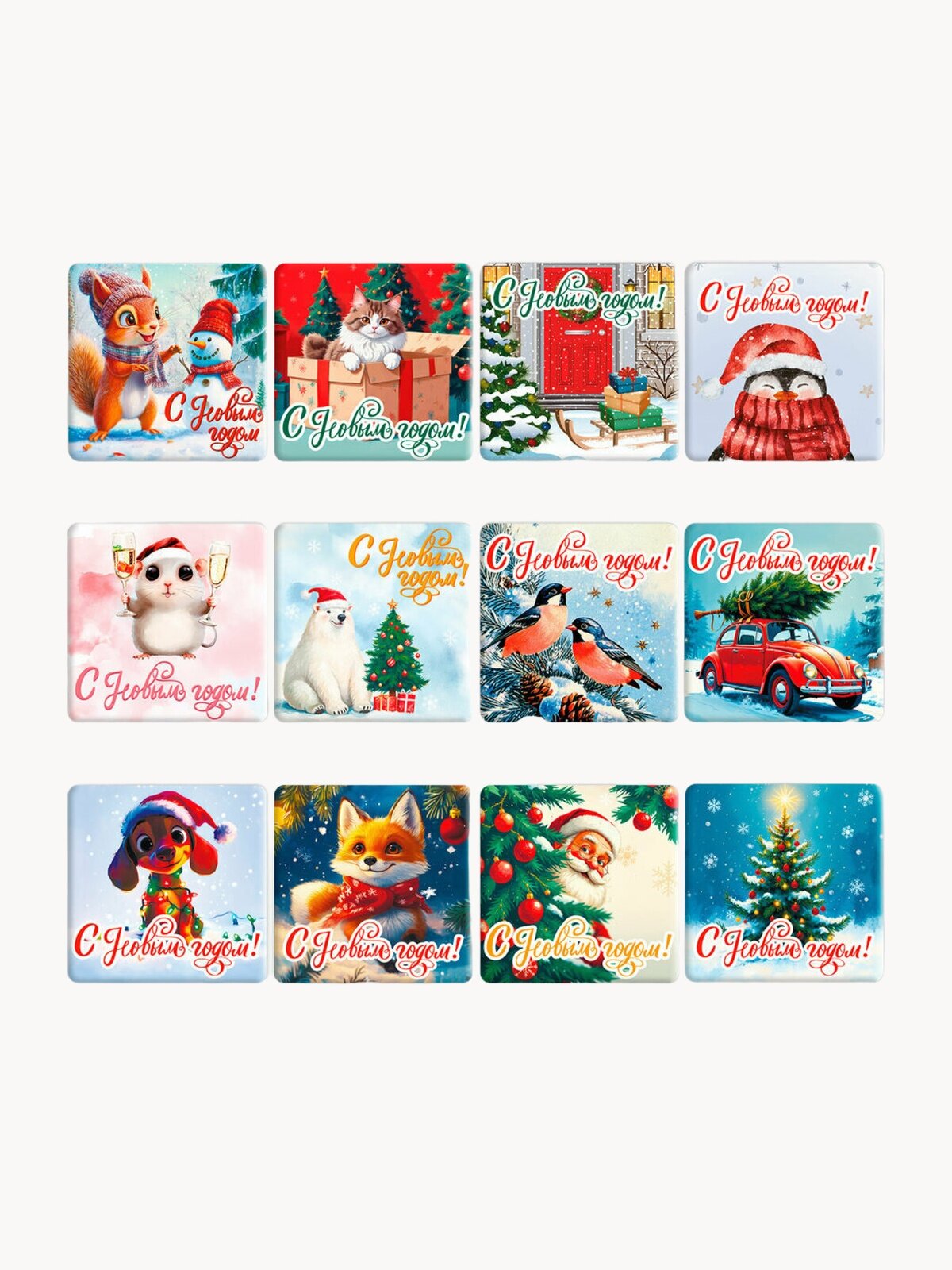 Магниты новогодние сувенирные, магнитики на холодильник, для магнитно-маркерной доски 7х7 см, 12 штук, декор на Новый год 2026, Золотая Сказка, 592583