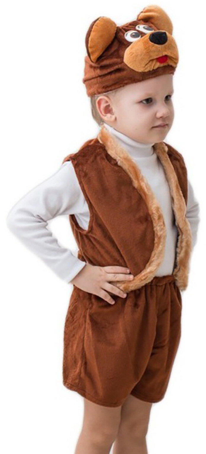 Карнавальный костюм детский "Мишка", праздничный наряд для мальчика (мех, шапка, жилет, шорты), 3-5 лет, рост 104-116 см