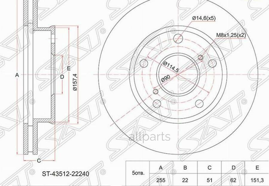 SAT ST-43512-22240 Диск тормозной (Перед) Toyota Mark II (X90, X100) 92-00 / Chaser 92-01