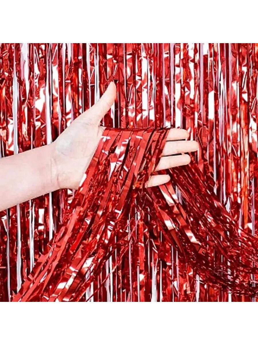 1шт. Занавес Дождик Красный, Металлик, 100*200 см, 1 шт.