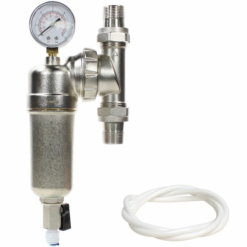 Фильтр самопромывной для воды сетчатый резьбовой 3/4", PN16, WAAG, латунь, со сливным краном, (холодная/горячая вода), с манометром, универсальный