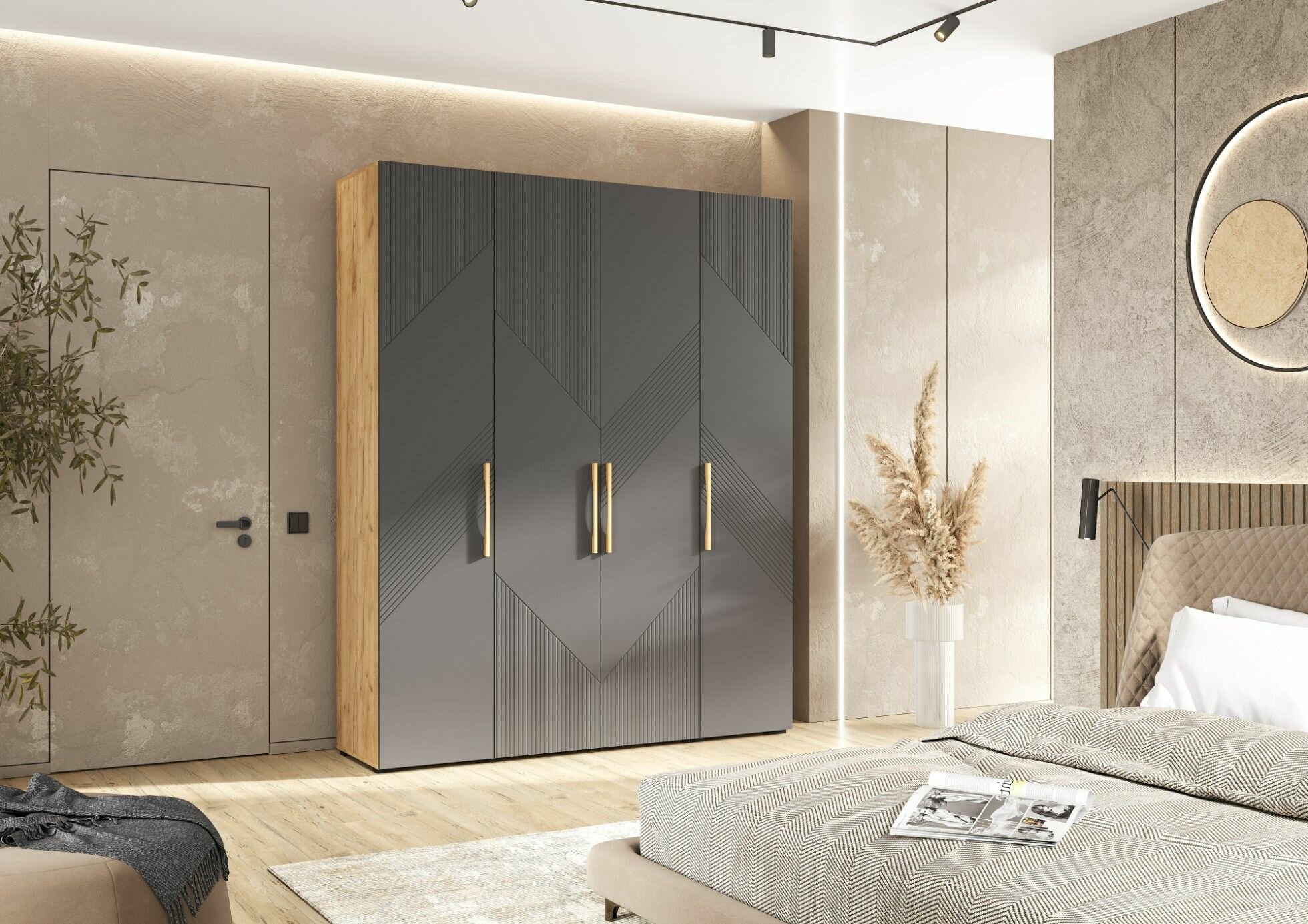 Шкаф распашной 4-х створчатый Ирис 1800 Браш Графит/Дуб Крафт