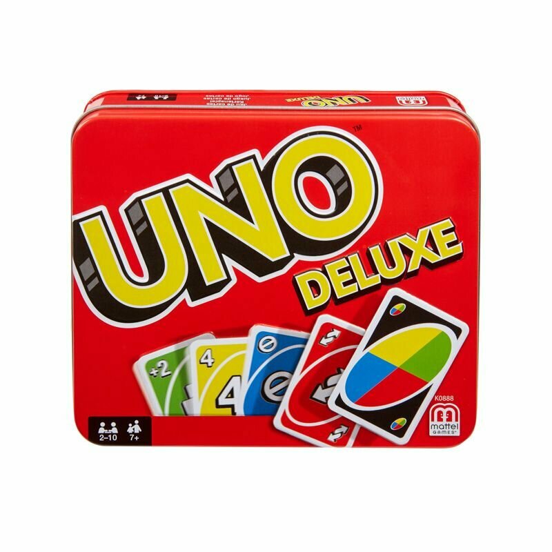 Металлическая коробка Настольная карточная игра UNO Deluxe Новая версия игры для всей семьи (темно-синий, желтый, зеленый, темно-бордовый)