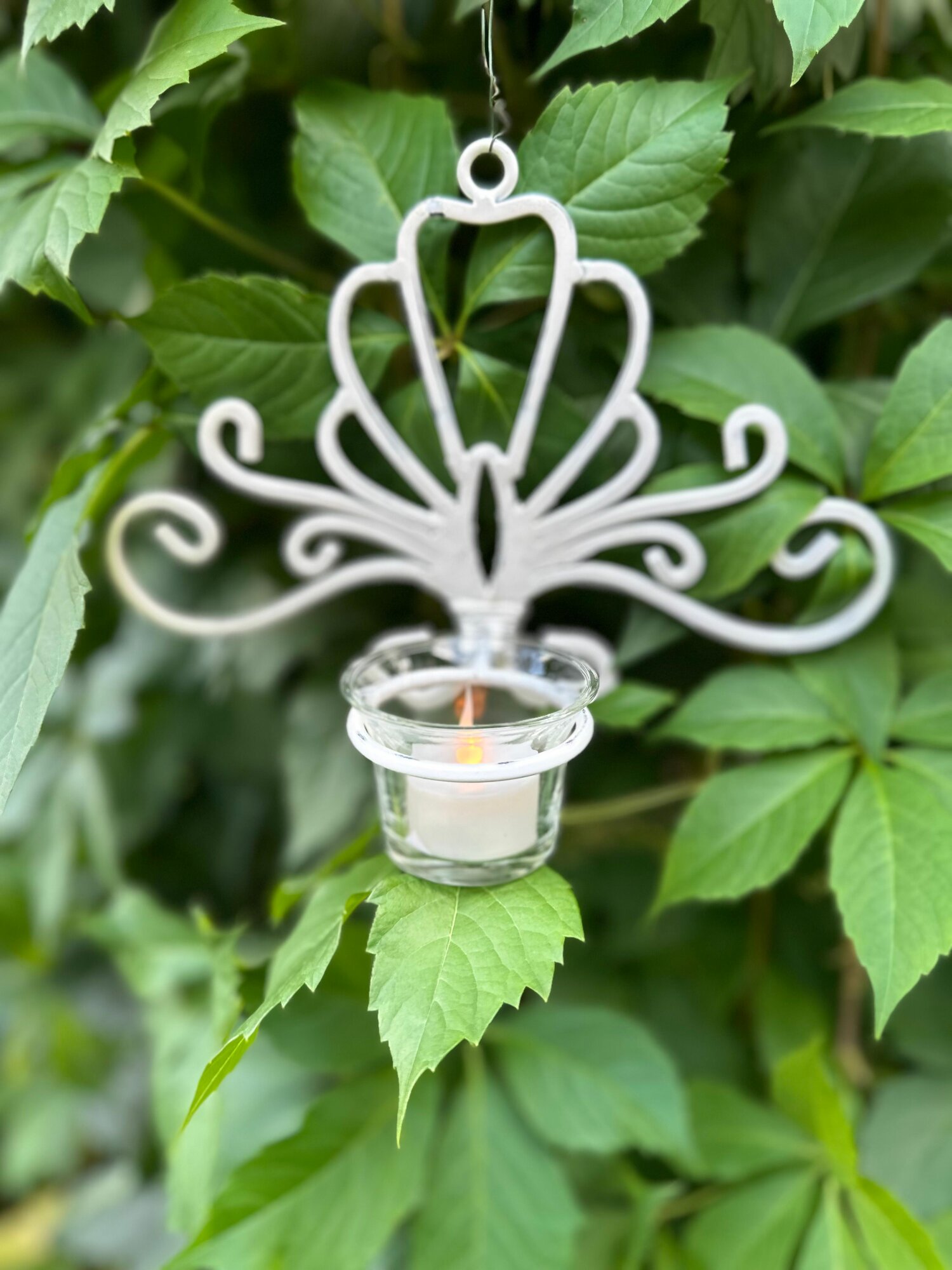 Подсвечник ажурный настенный вбелый металл стеклянная чаша для свечи