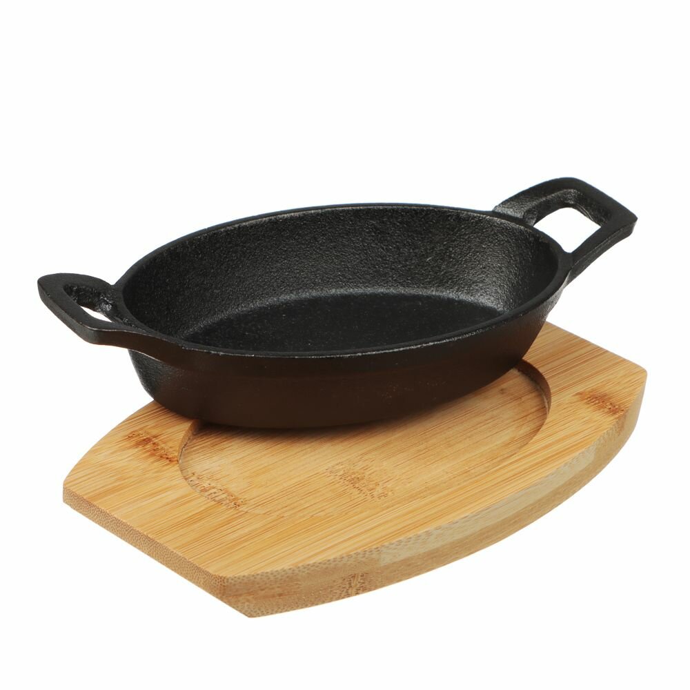SATOSHI Сковорода мини 15*9,8 см на подставке из бамбука чугун, овальная индукция