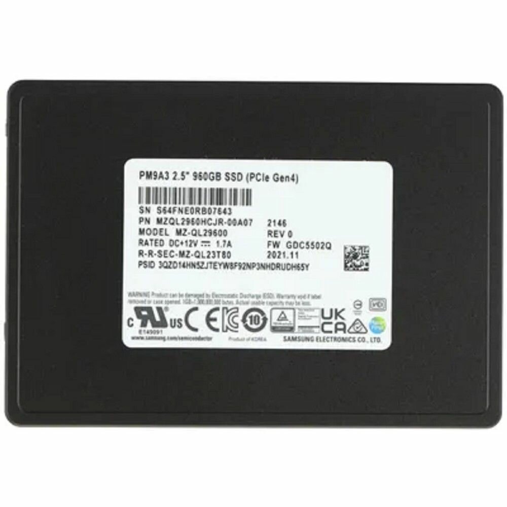 Samsung накопитель SSD 960Gb PM9A3 NVMe PCIE 3.1 x4, MZQL2960HCJR - 00A07