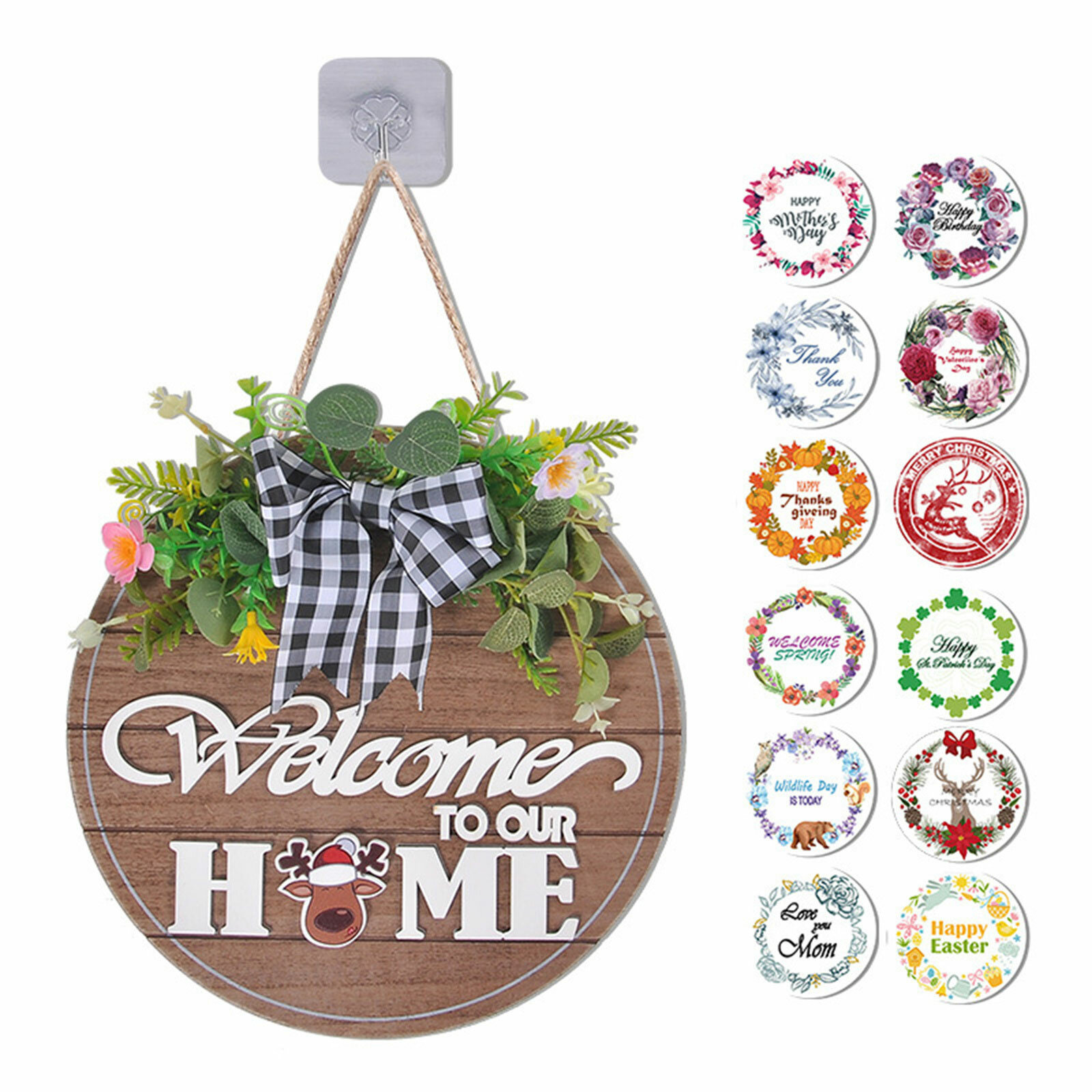 Аксессуар для Пасхи, Сменный деревянный знак Цветочный венок с 12 сезонными праздничными элементами Орнамент Пасха Рождество Парадная дверь Крыльцо Деревенская подвесная табличка Украшение фермерского дома