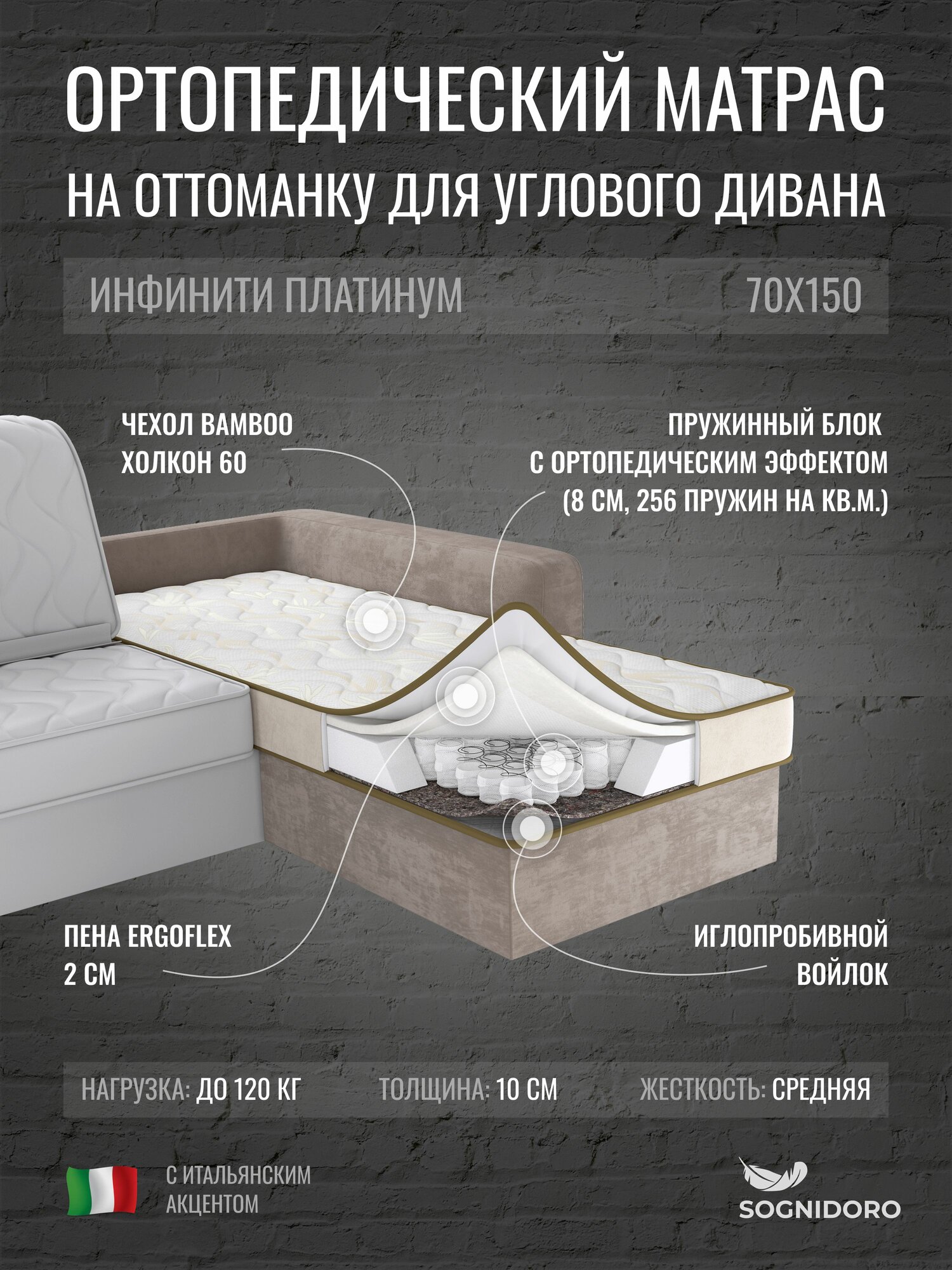 Матрас на оттоманку углового дивана 70х150х10 см, ортопедический Инфинити Платинум с пружинным блоком
