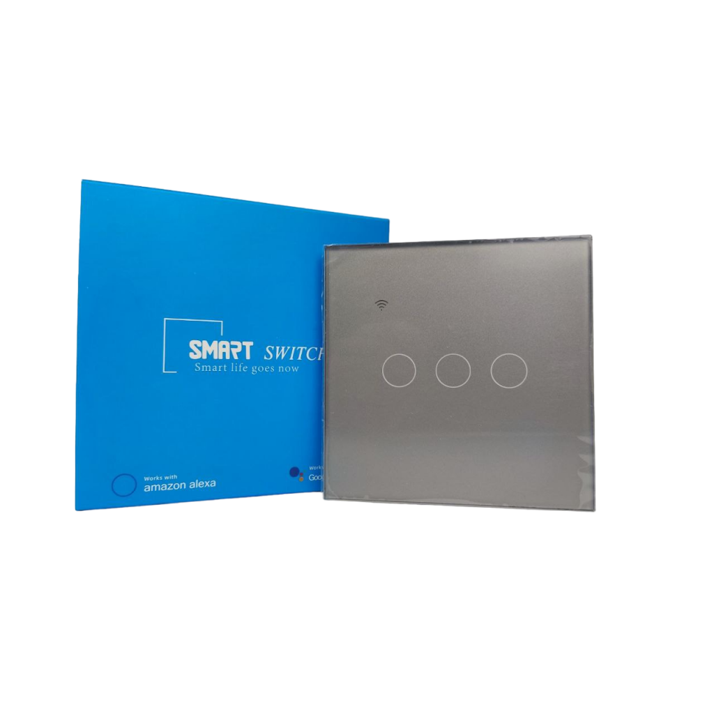 Smart Wi-Fi touch wall switch Умный сенсорный WiFi выключатель настенный (трехкнопочный, серый)