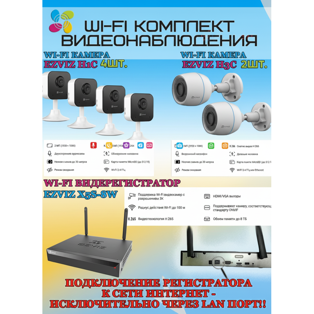 Wi-Fi Комплект видеонаблюдения EZVIZ на 6 камер видеонаблюдения - 2Мп Full HD 1920x1080P (CS-X5S-8W + 2хCS-H3c + 4хCS-H1c) 2.4 ГГц IP67, Двусторонняя аудиосвязь, ИК до 30м, угол 125гр