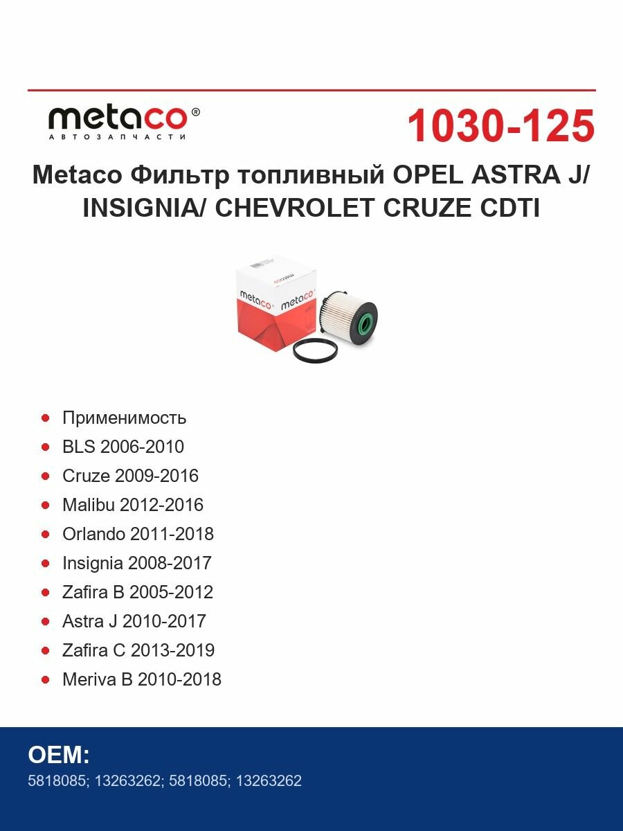 Metaco Фильтр топливный OPEL ASTRA J/ INSIGNIA/ CHEVROLET CRUZE CDTI