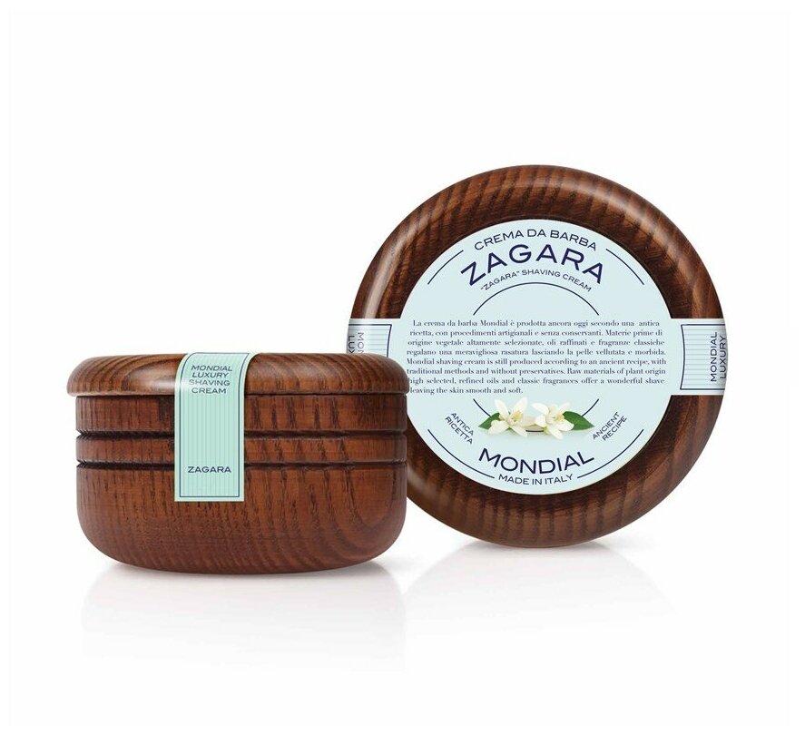 Крем для бритья Mondial "ZAGARA" с ароматом флёрдоранжа, деревянная чаша, 140 мл