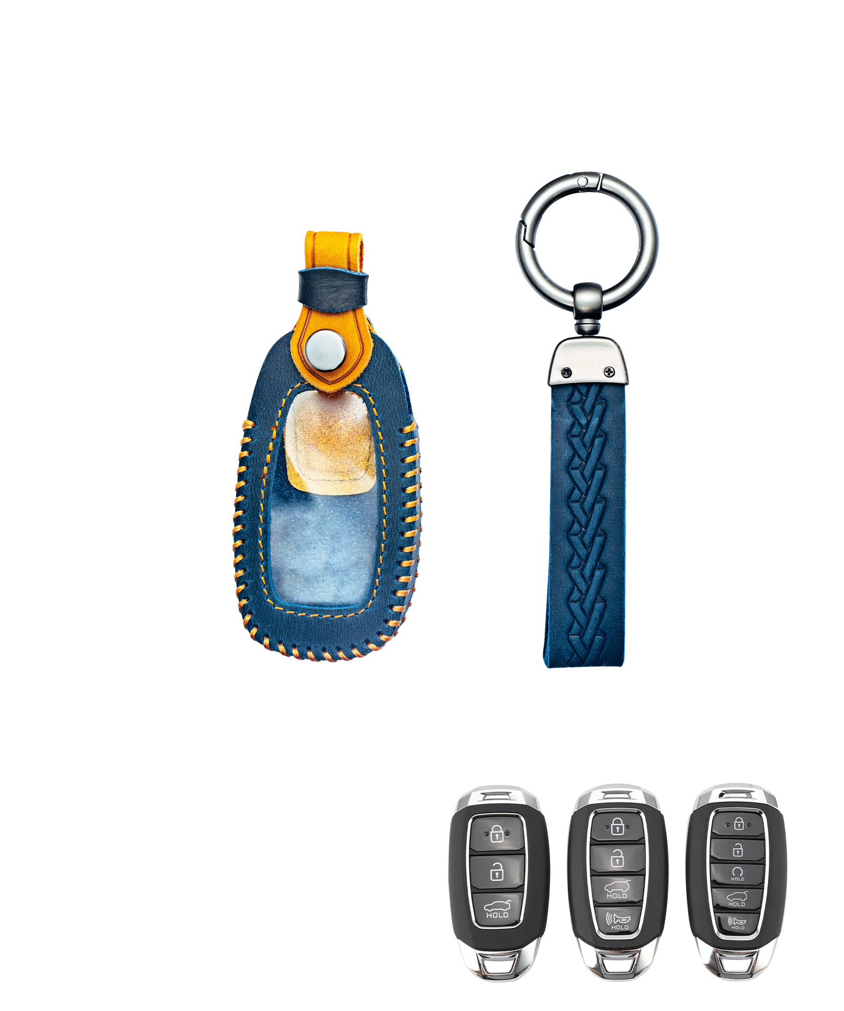 Чехол для автомобильного ключа Hyundai Solaris (Хендай) Цвет Синий Нить Коричневая