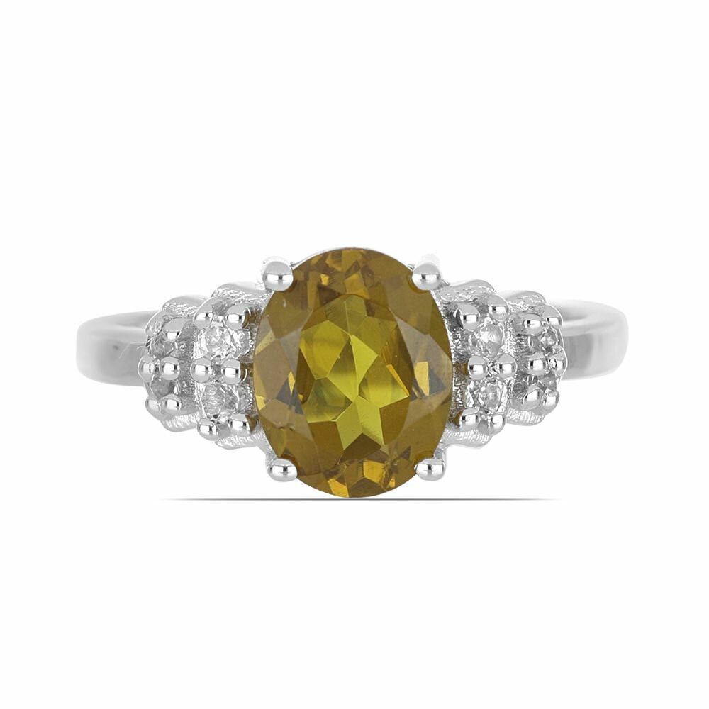 Кольцо, серебро, 925 проба, родирование, султанит синтетический, топаз