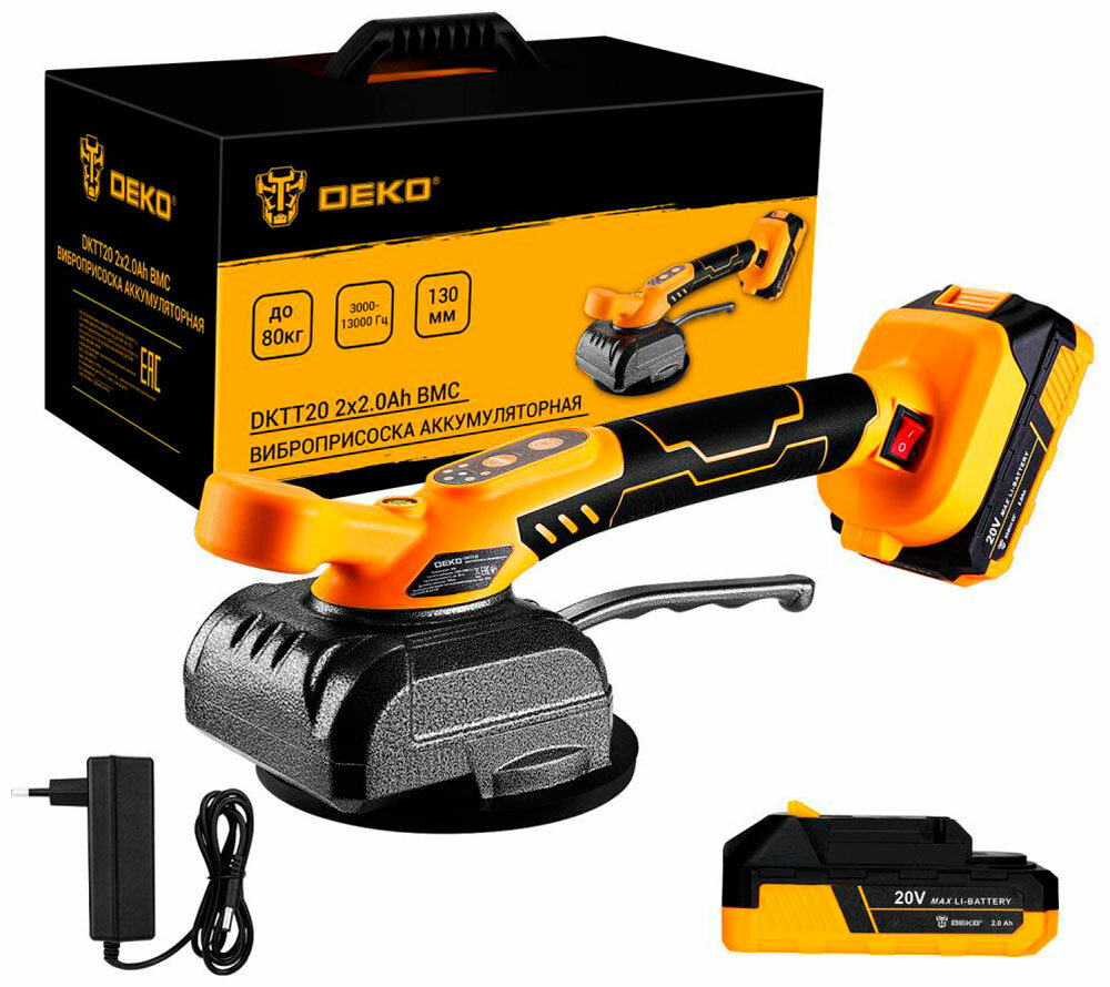 Виброприсоска аккумуляторная для укладки плитки Deko DKTT20, 20В, 2x2.0Ач, в кейсе, желто-черный