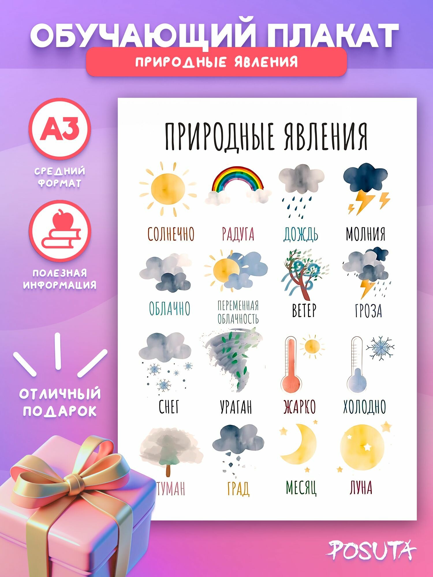 Плакат обучающий для детей Природные явления