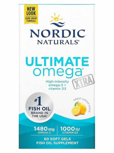 Nordic Naturals, Ultimate Omega Xtra, высокоэффективные омега-3 кислоты, со вкусом лимона, 1480 мг, 60 капсул (740 мг в 1 капсуле)