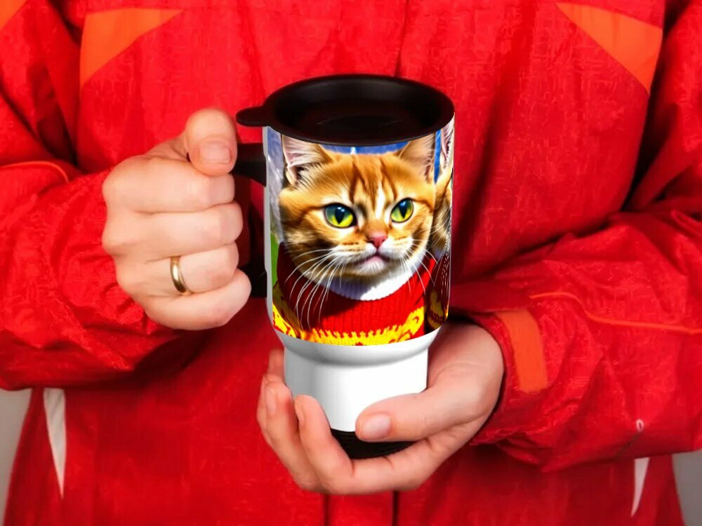 Тремокружка для авто с принтом "Три кота с рыжим и кремовым окрасом, одетые в яркие вязаные свитеры с традиционным узором, делают селфи на фоне величественных гор и голубого." 0.5 л.