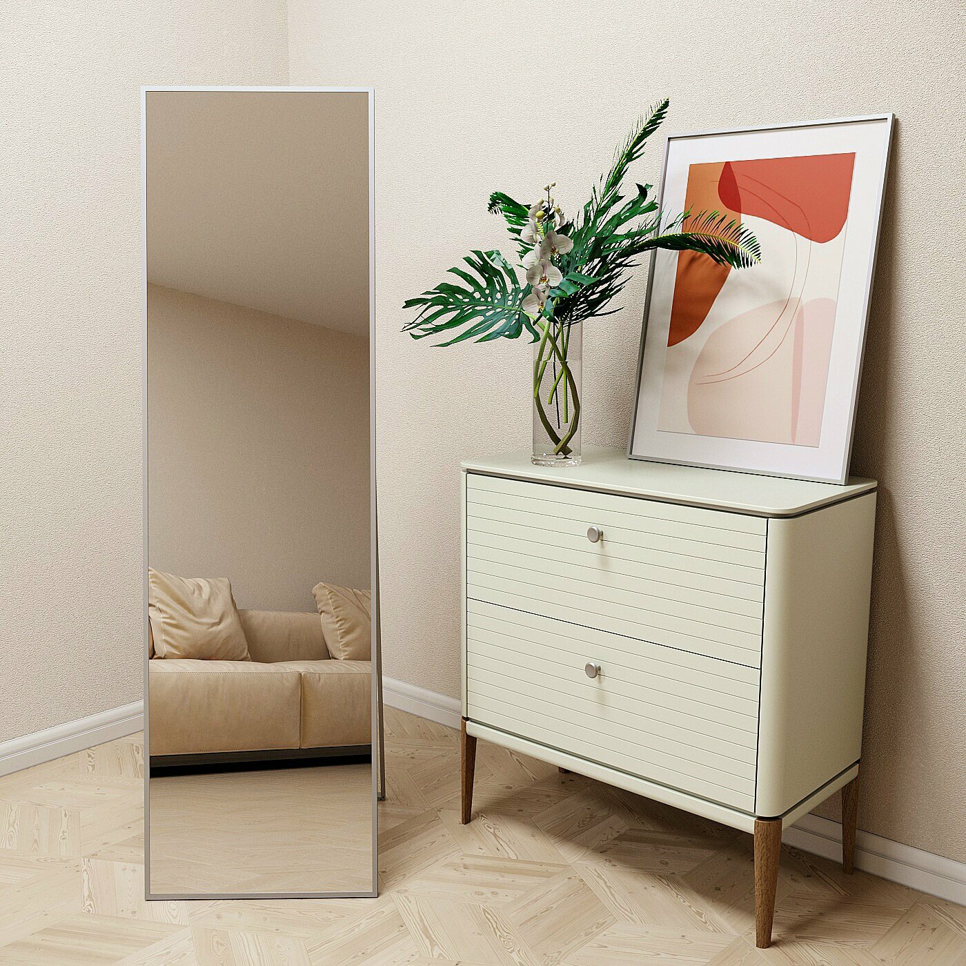 Зеркало в алюминиевой раме напольное ONE MIRROR 160х45 см. Серебро