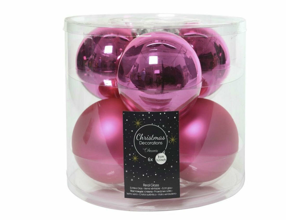 Набор стеклянных шаров глянцевых и матовых, цвет: розовая азалия, 80 мм, упаковка 6 шт, Kaemingk