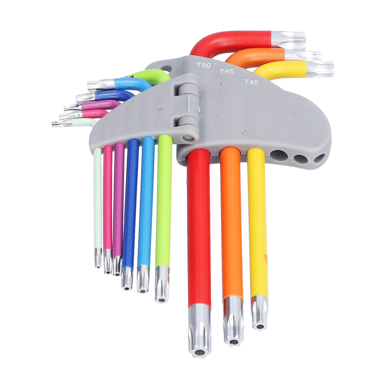 Набор из 9 шестигранных ключей в форме звезды, разноцветный, с длинной рукояткой, металлический, для технического обслуживания и ремонта.