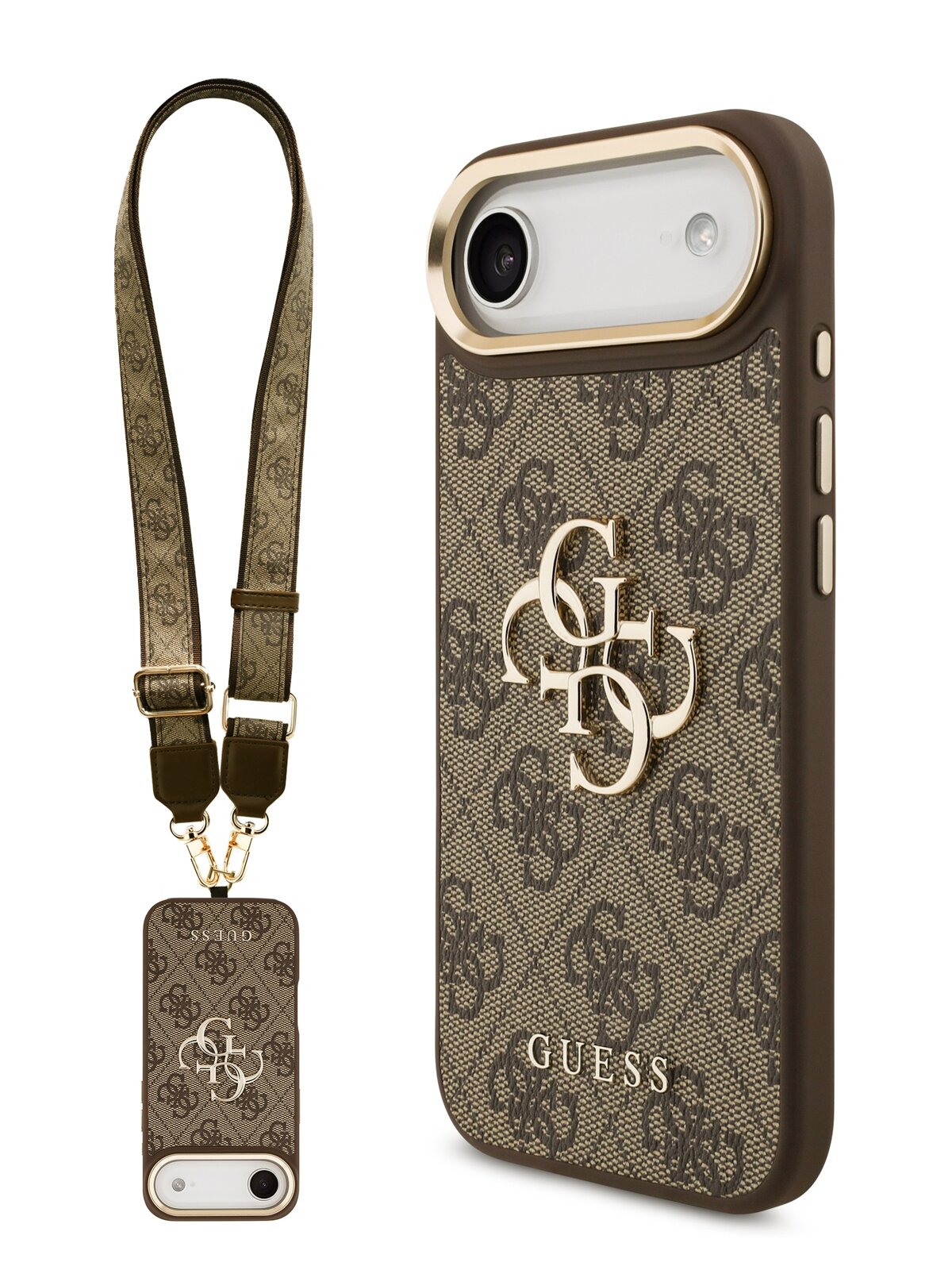 Guess чехол с ремешком для iPhone Air, Crossbody PU кожа 4G Big metal logo Gold camera, коричневый