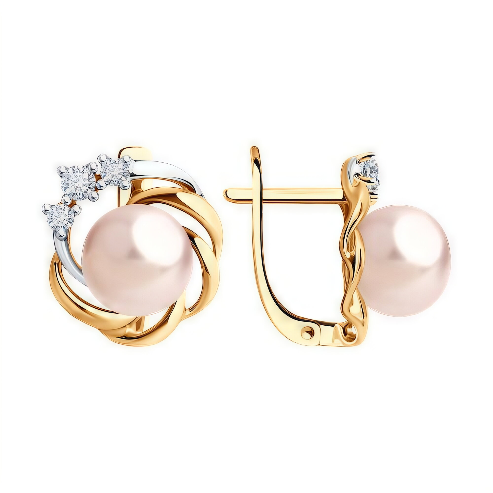 Серьги, красное золото, 585 проба, фианит, жемчуг