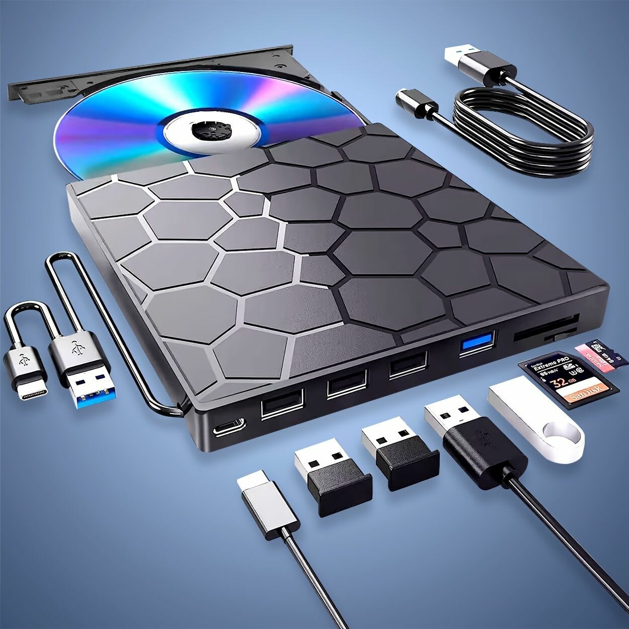 Внешний CD/DVD-привод для ноутбука, DVD-плеер для ноутбука, Ультратонкий портативный USB 3.0 8 в 1, внешний дисковод для записи DVD/ CD, плеер и записывающее устройство CD/VCD/DVD для компьютера поддержка CD-R DVD-R мультиформатный
