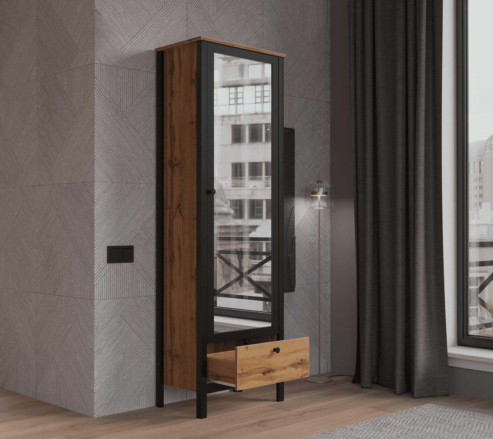 Шкаф для одежды лофт SZF1W1S/60 дуб вотан, распашной с зеркалом, одностворчатый, со штангой