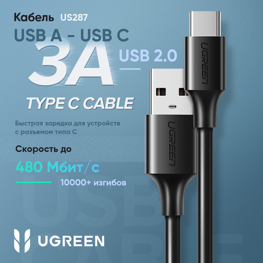 Кабель UGREEN US287 (60826) USB-A 2.0 Male to USB-C Male Cable with Nickel-Plated Connector. Длина: 3м. Цвет: черный