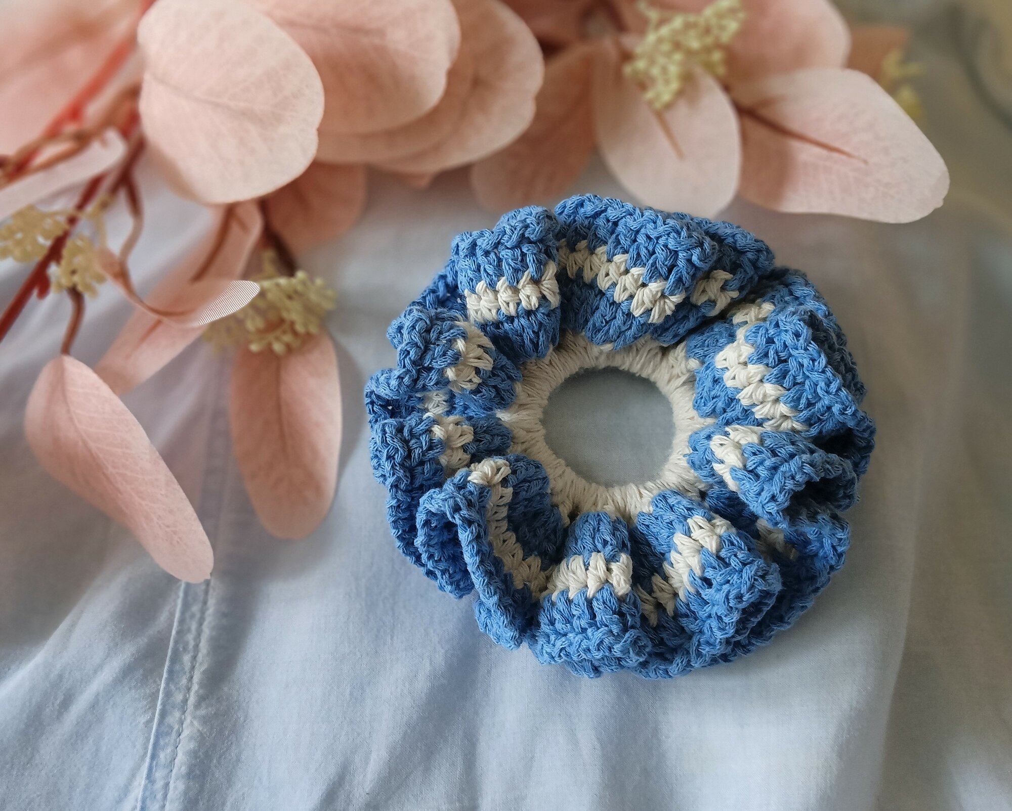 Резинка для волос, пышная, голубая, 12см, хлопок, женская