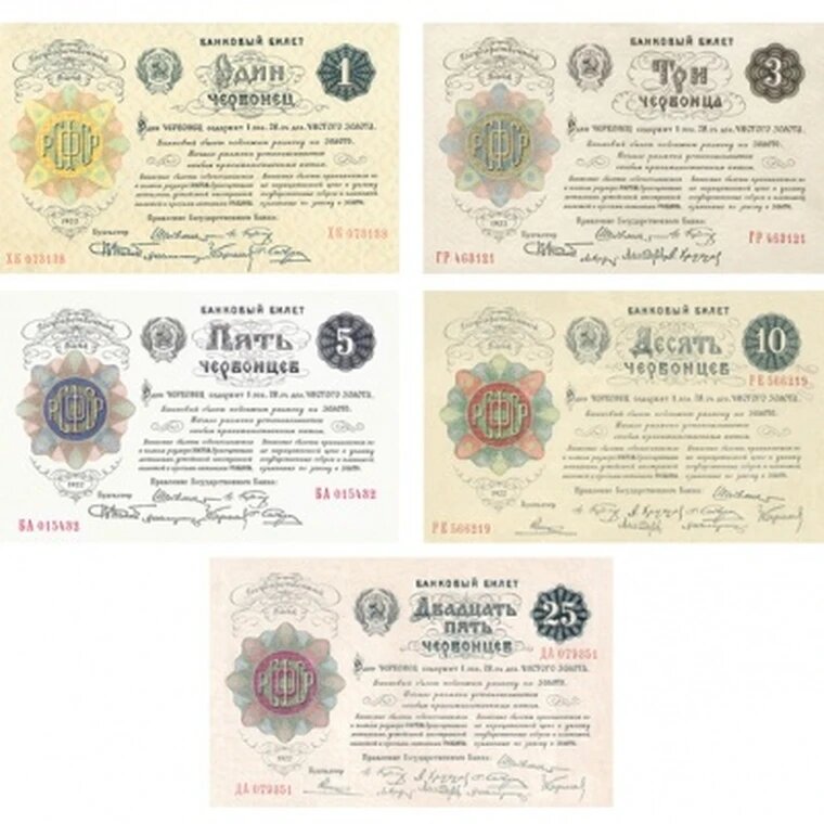 Банковые билеты РСФСР 1-25 червонцев 1922, набор 5 копий сувенирная копия, банкноты и купюры редкие коллекционные