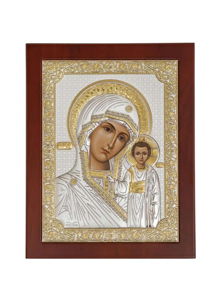 Икона серебряная, греческая Казанская БМ, 210х260 мм.