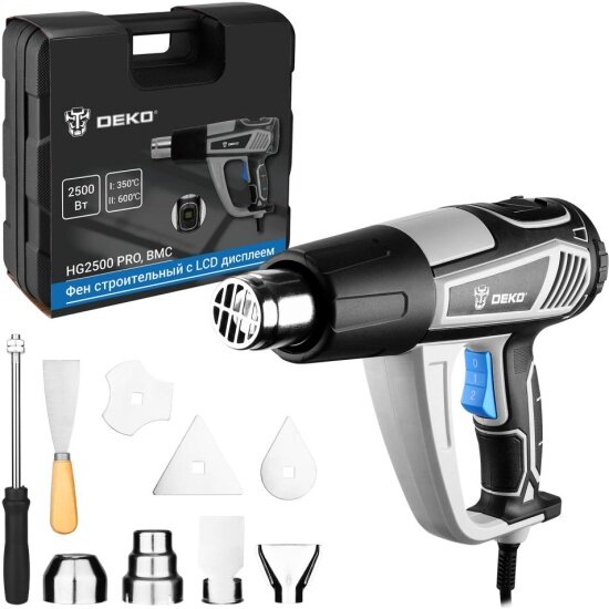 Фен строительный Deko HG2500 PRO в кейсе, с LCD дисплеем, 2500 Вт (085-1131)