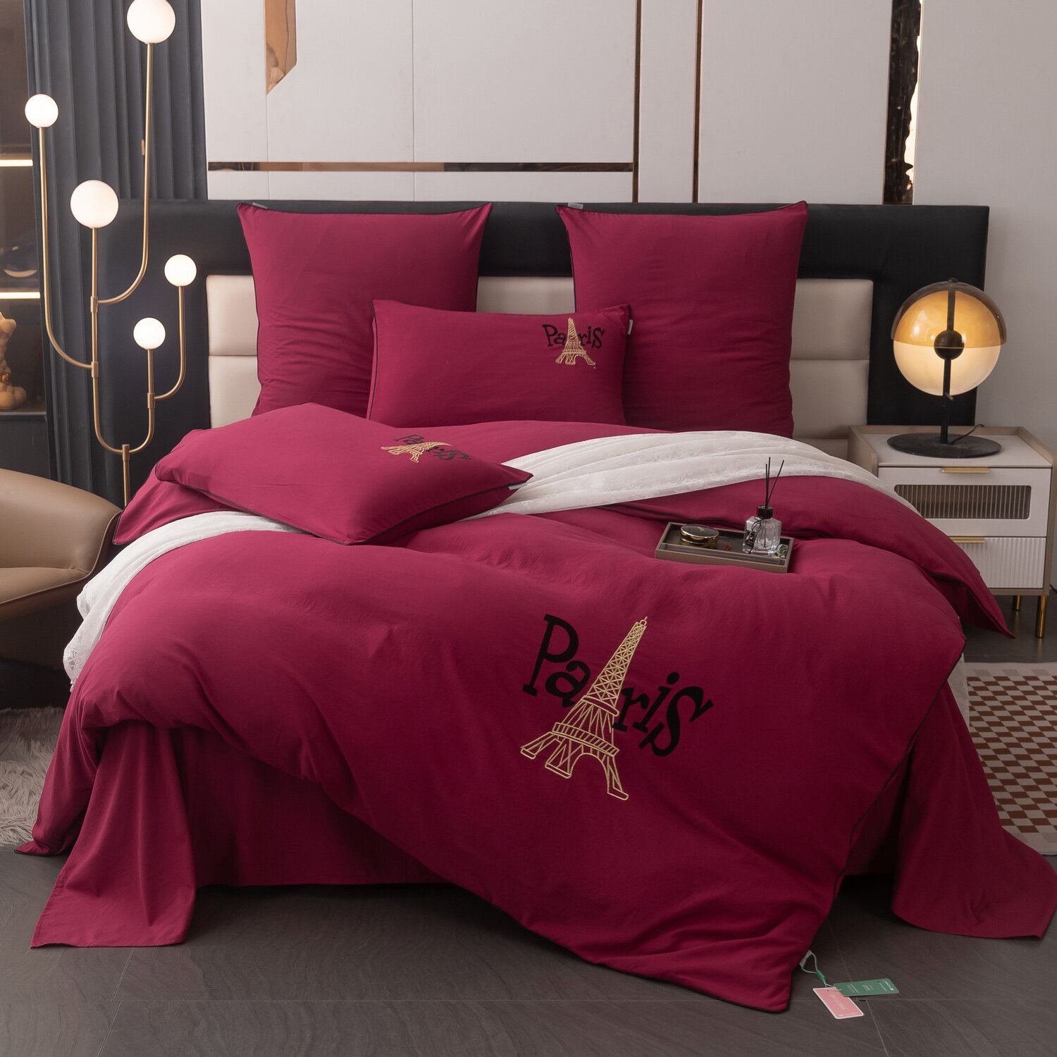 Постельное белье Domiro "Mood of Paris", 2-спальная, комплект, хлопок, сатин-люкс, бордовое