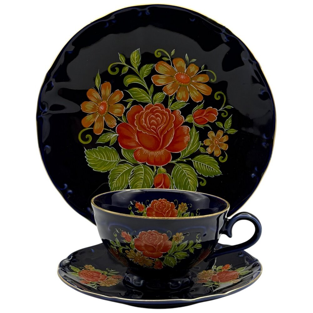 Чайное трио "Розы", 200 мл, фарфор, кобальт, роспись, 1970-1993 гг, Bareuther Waldsassen, Германия